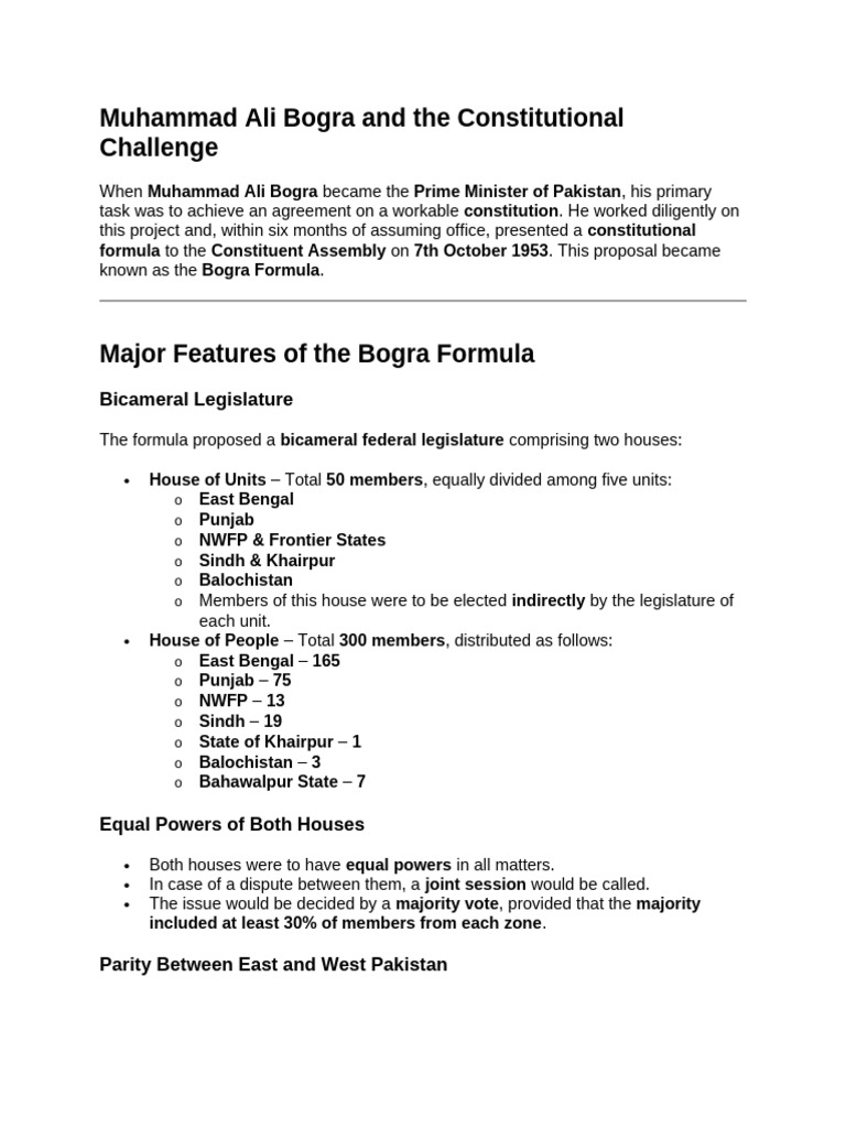 Bogra Formula: Pakistan's Constitutional Blueprint | PDF | Government ...