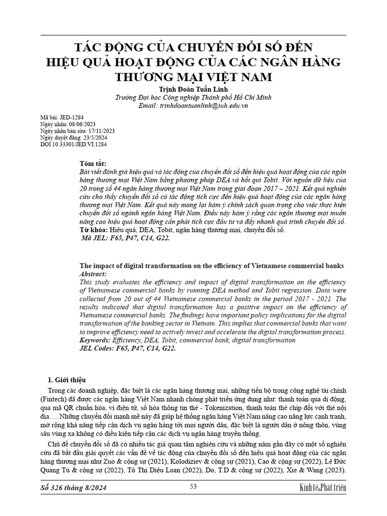 TÁC ĐỘNG CỦA CHUYỂN ĐỔI SỐ ĐẾN HIỆU QUẢ HOẠT ĐỘNG CỦA CÁC NHTM VN | PDF