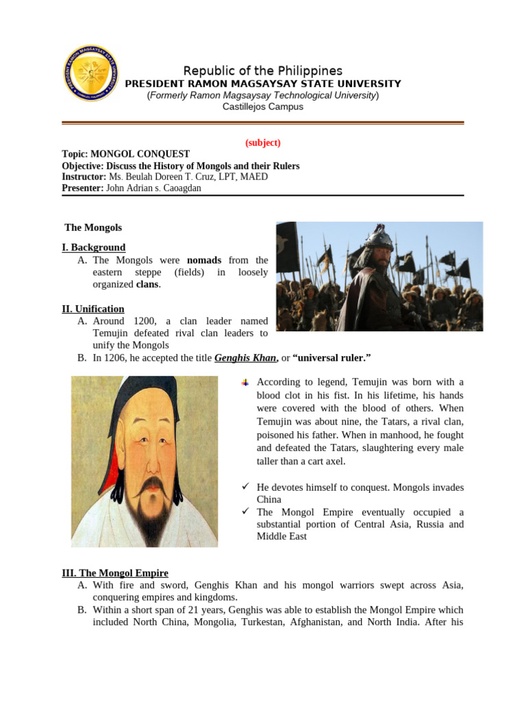 Chapter 10 - Mongol Conquest, John Adrian Caoagdan | PDF | Mongol Empire | Genghis Khan