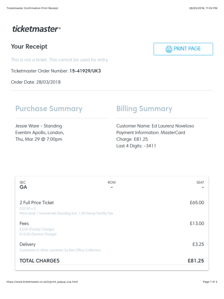 Ticketmaster Confirmation Receipt | PDF