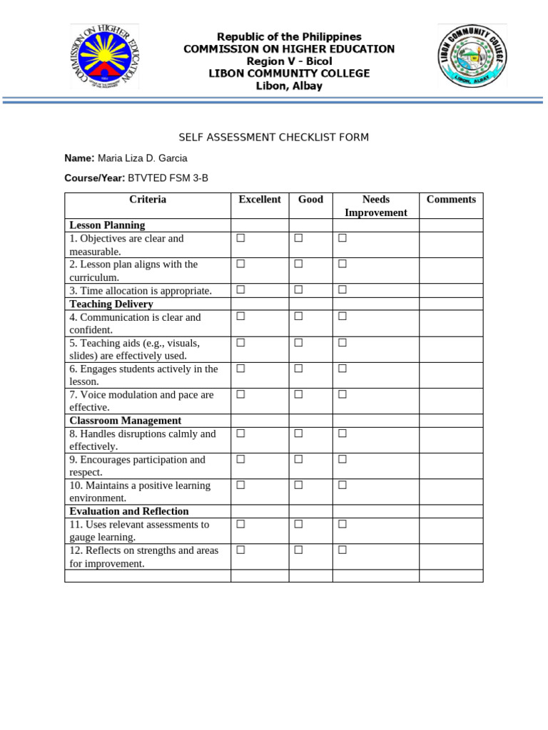 SELF ASSESSMENT CHECKLIST FORM | PDF