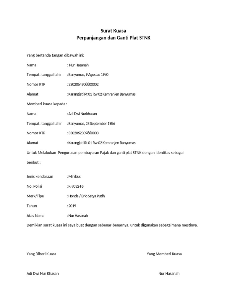 Surat Kuasa Perpanjangan STNK Motor | PDF
