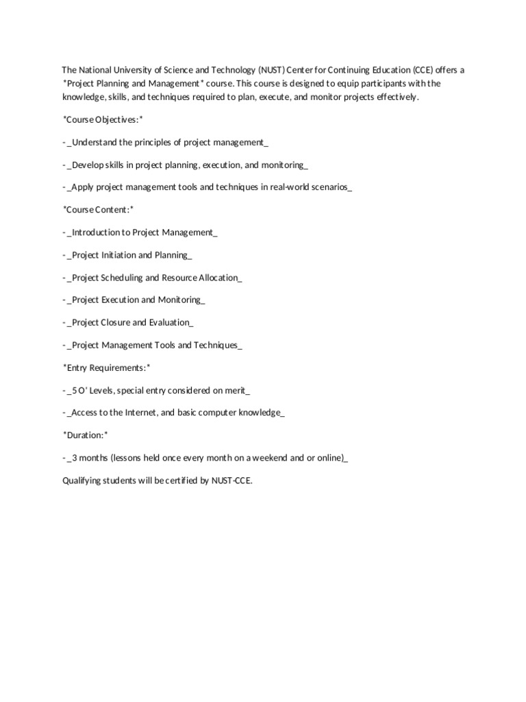 Nust Certificate in Project Planning and Management | PDF