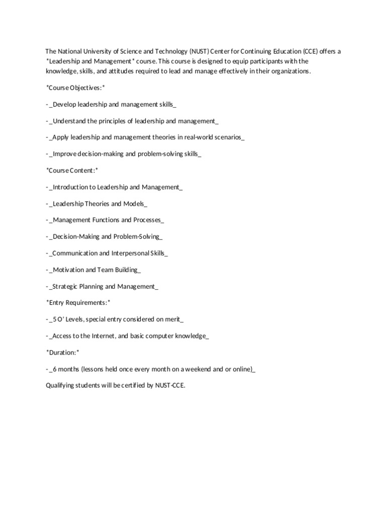 NUST Leadership and Management Certificate | PDF