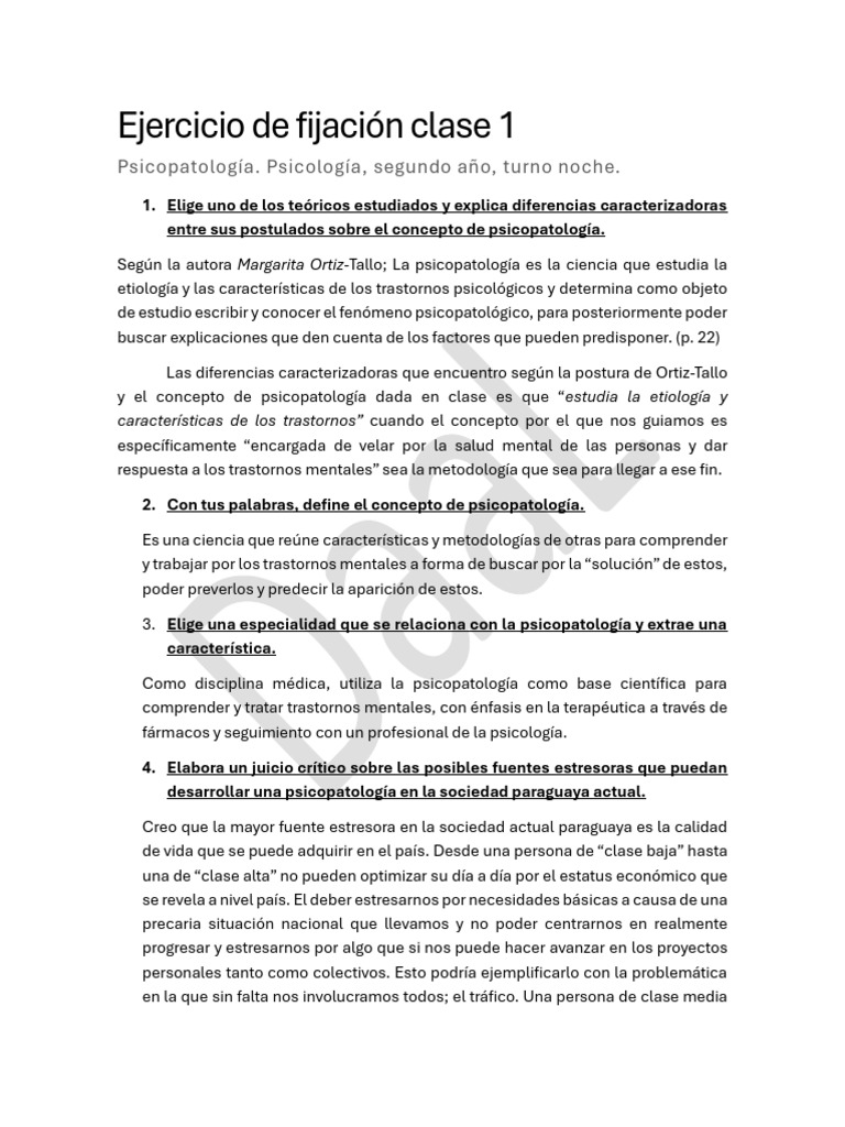 Ejercicio de Fijación Clase 1 | PDF | Psicopatología | Sicología