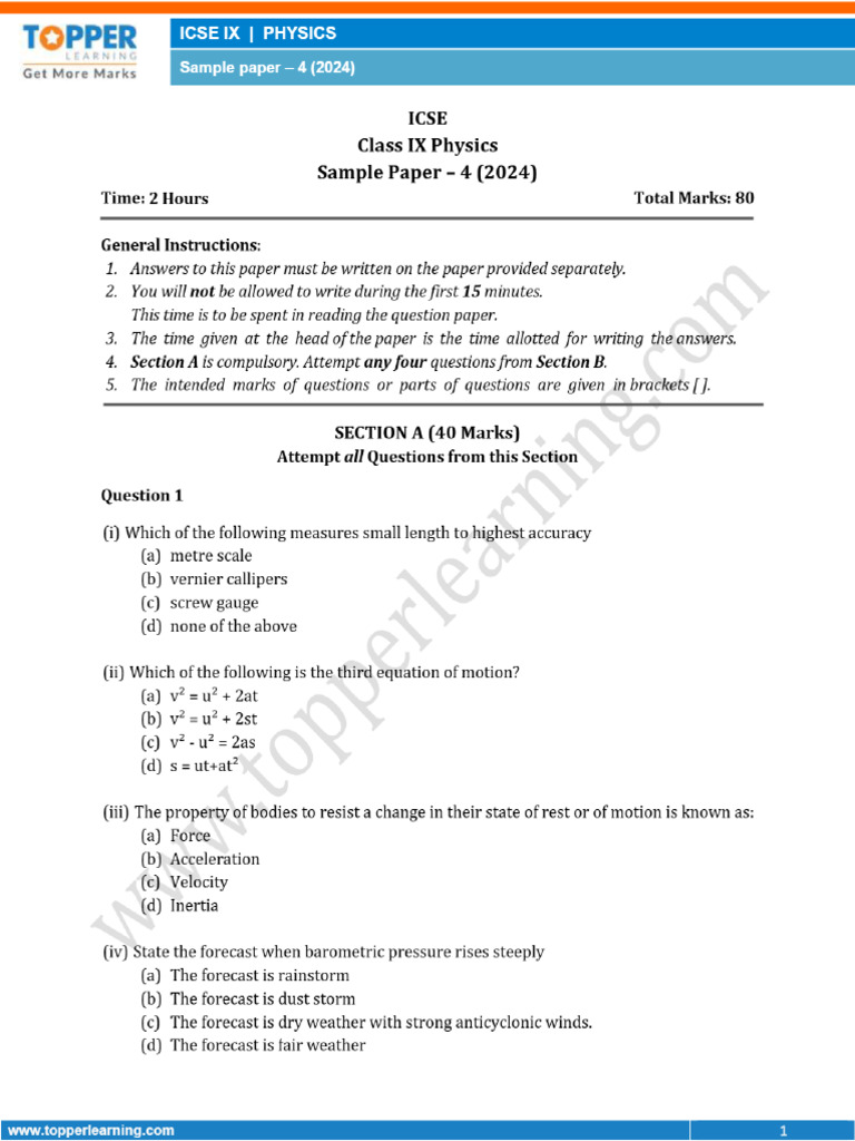 Sample Papers For ICSE Class 9 Physics 2024 #4 Physics ICSE Class 9 ...