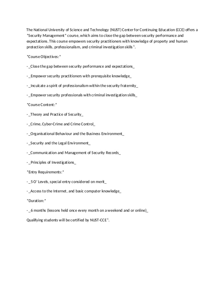 Nust Certificate in Security Management and Operations | PDF