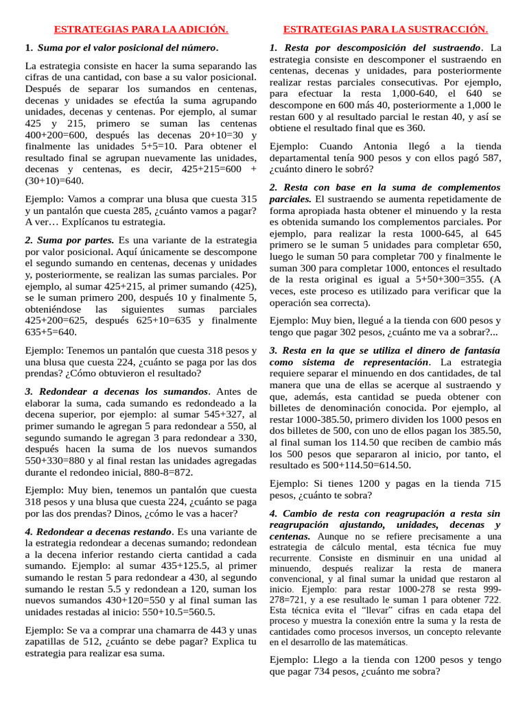 Estrategias para Sumar y Restar Numeros | PDF | Sustracción | Matemáticas
