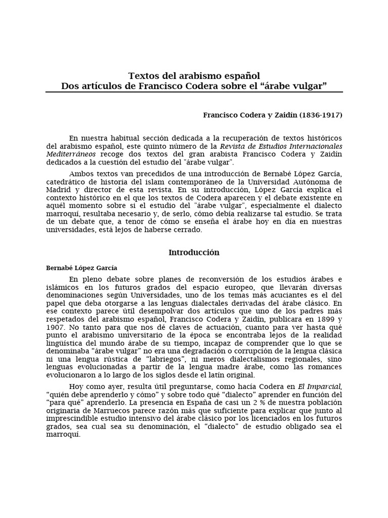 Textos Del Arabismo Español Dos Artículos de Francisco Codera Sobre El ...