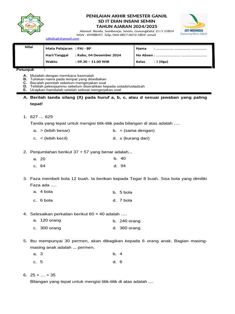 Soal Matematika Asas Kelas 3 SMT Ganjil | PDF