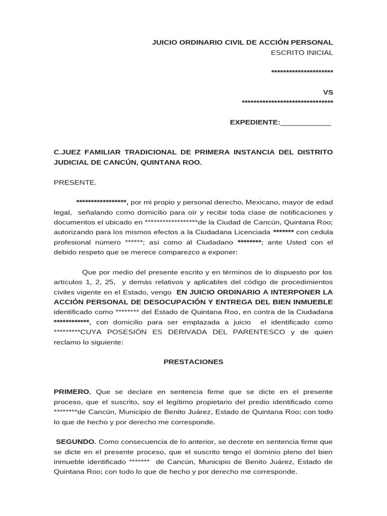Demanda de Accion Personal de Desocupación y Entrega de Bien Inmueble | PDF | Demanda judicial ...