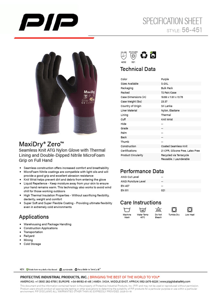 MaxiDry® Zero™ Gloves Specification Sheet | PDF | Glove | Materials