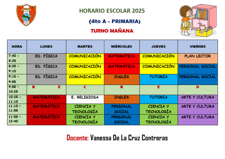 Horario Escolar 2025: 4to A Primaria | PDF