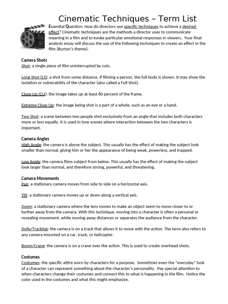 Cinematic Techniques Terms | PDF | Camera