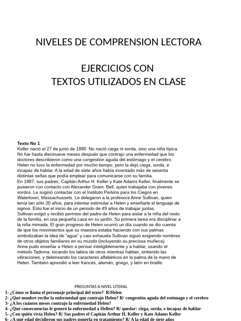 EJERCICIOS NIVELES DE COMPRENSIÃ N LECTORA | PDF | Helen Keller