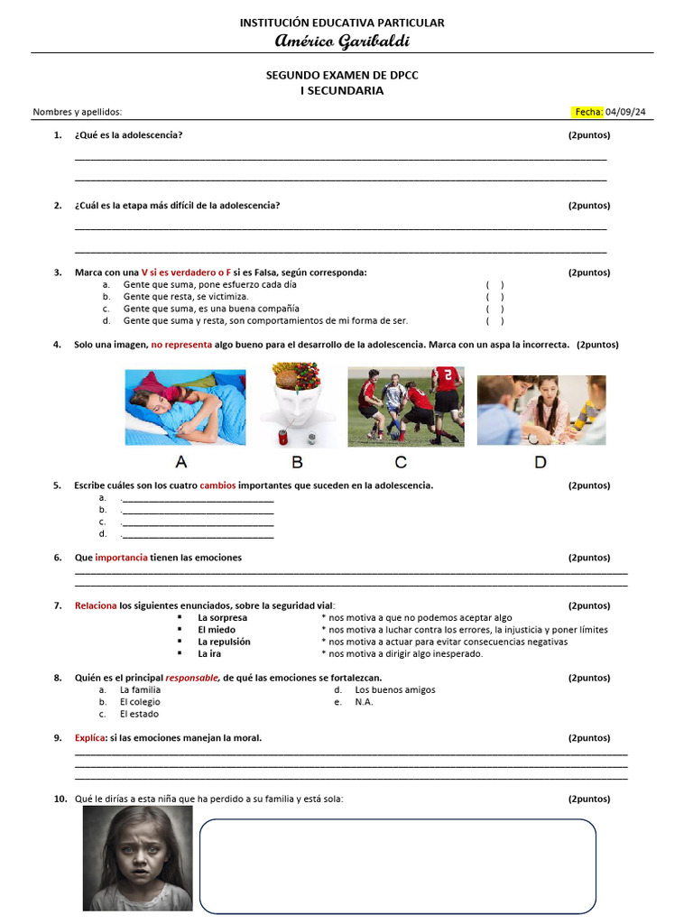 SEGUNDO EXAMEN IIIB 2024 FCC 1-2-3 Secundaria | PDF | Autoestima | Las emociones