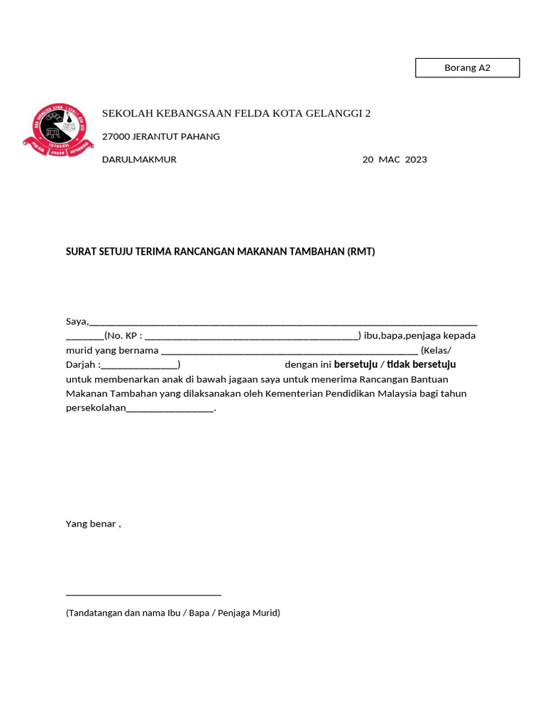 Surat Setuju Terima RMT Ibubapa 2023 | PDF