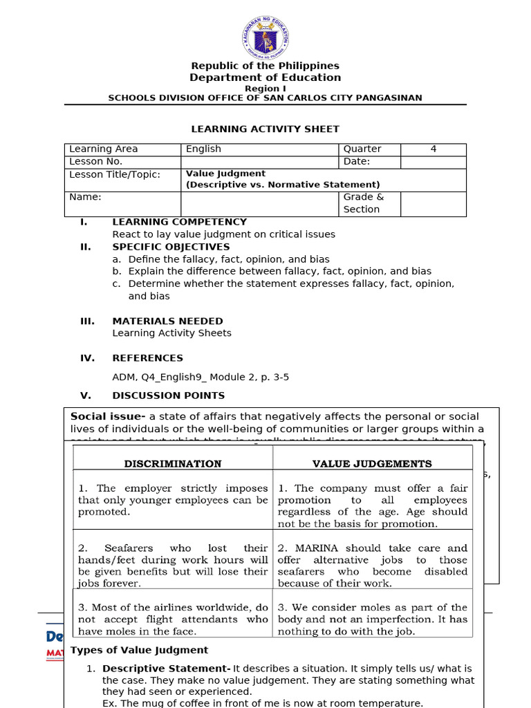 LAS5_Quarter4_Week5 | PDF | Bias | Learning