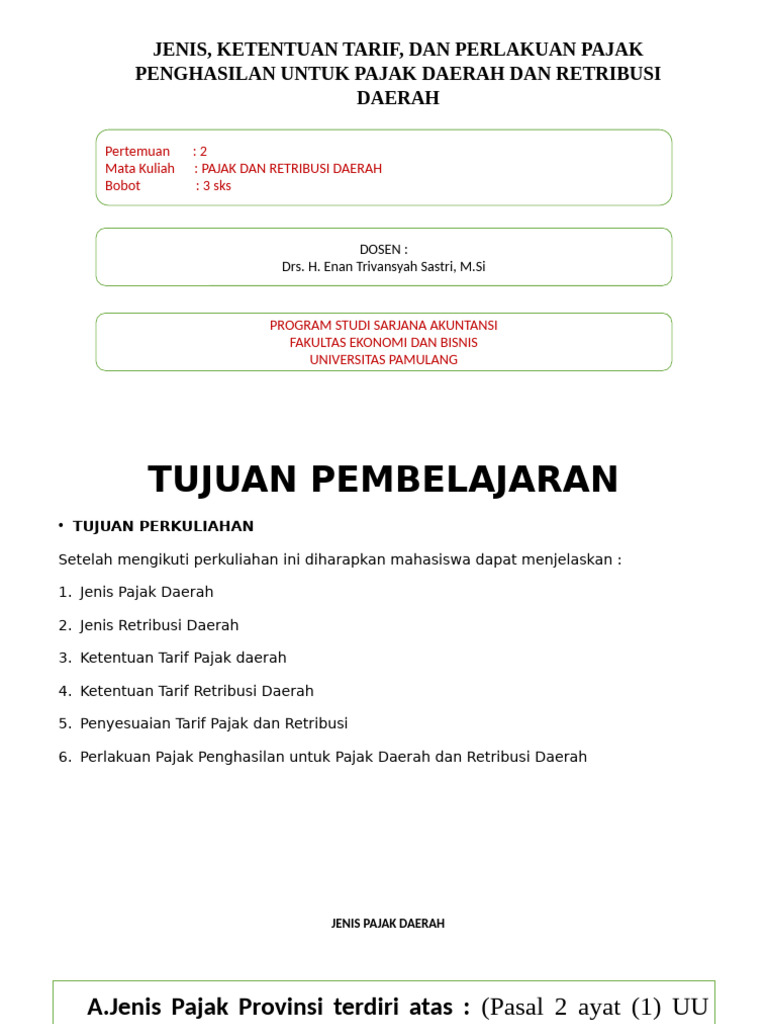 Pertemuan 2 PDRD Jenis, Ketentuan Tarif, Dan Perlakuan Pajak Penghasilan Untuk P | PDF