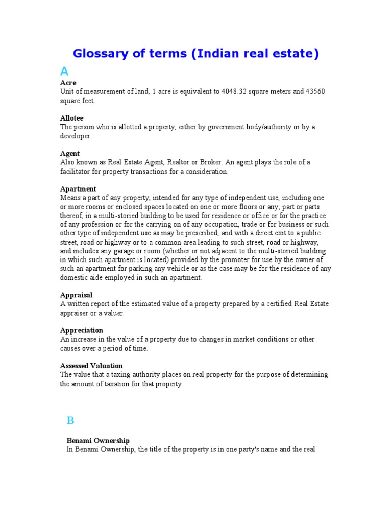 Glossary of Terms - Indian Real Estate | PDF | Real Property | Lease