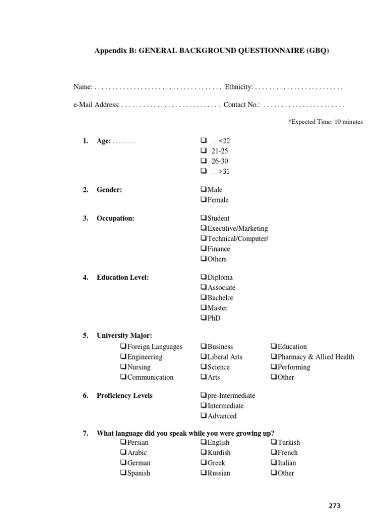 General Background Questionnaire (GBQ) | Cognition | Psychology ...