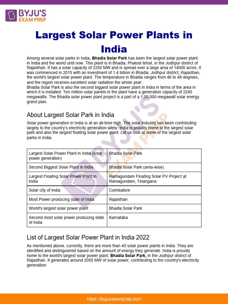 Largest Solar Power Plants in India Upsc 72 | PDF | Solar Power | Power Station