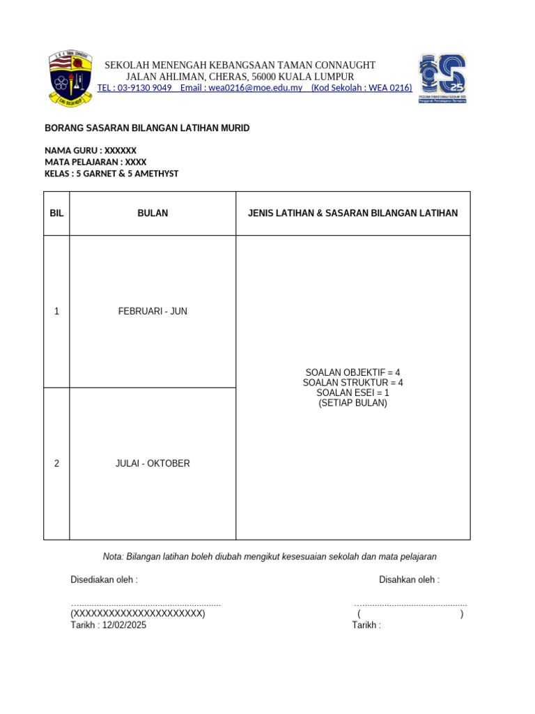 Template Borang Sasaran Bilangan Latihan | PDF