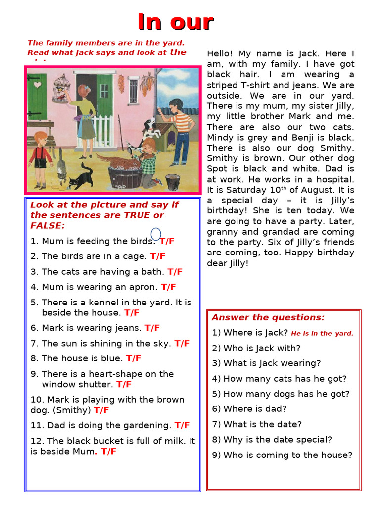 RC in Our Yard Reading Comprehension Exercises 128253 | PDF