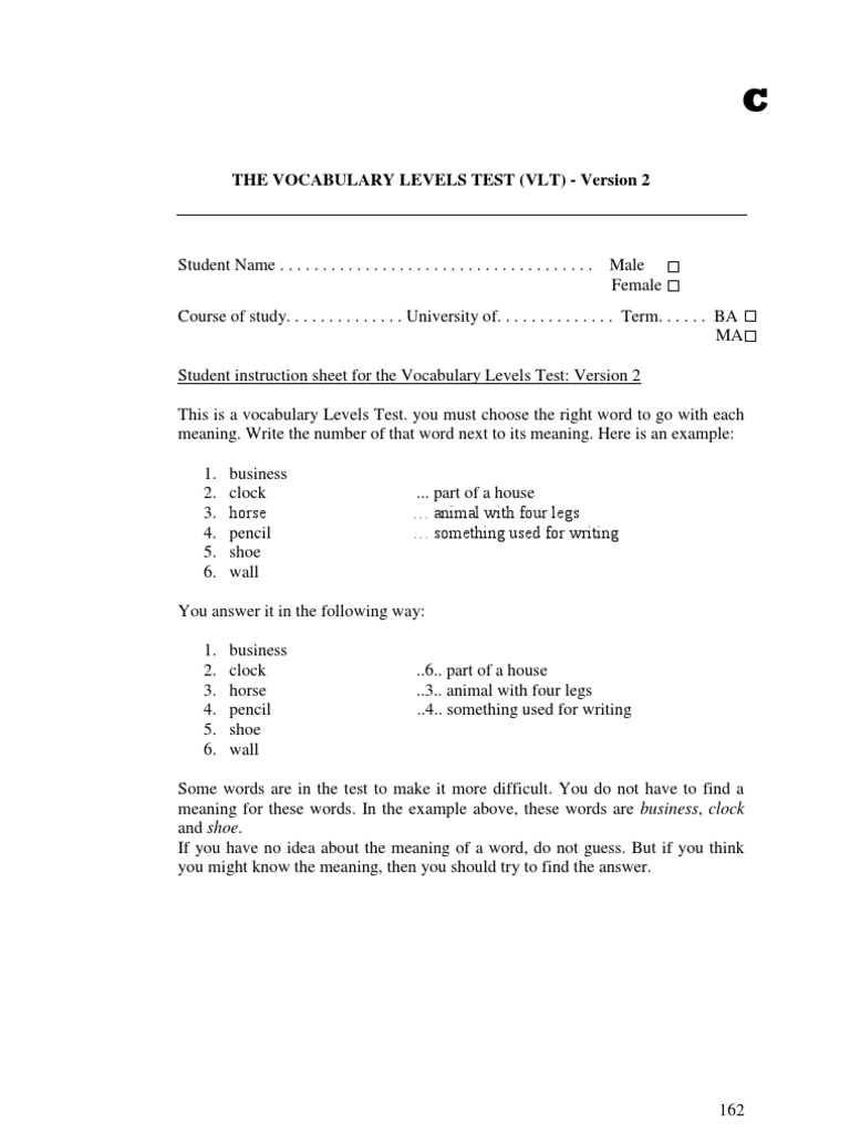 The Vocabulary Levels Test (VLT) - Version 2 | PDF | Second Language ...