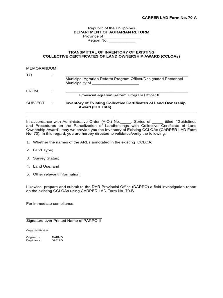 CARPER LAD Form No. 70-A | PDF