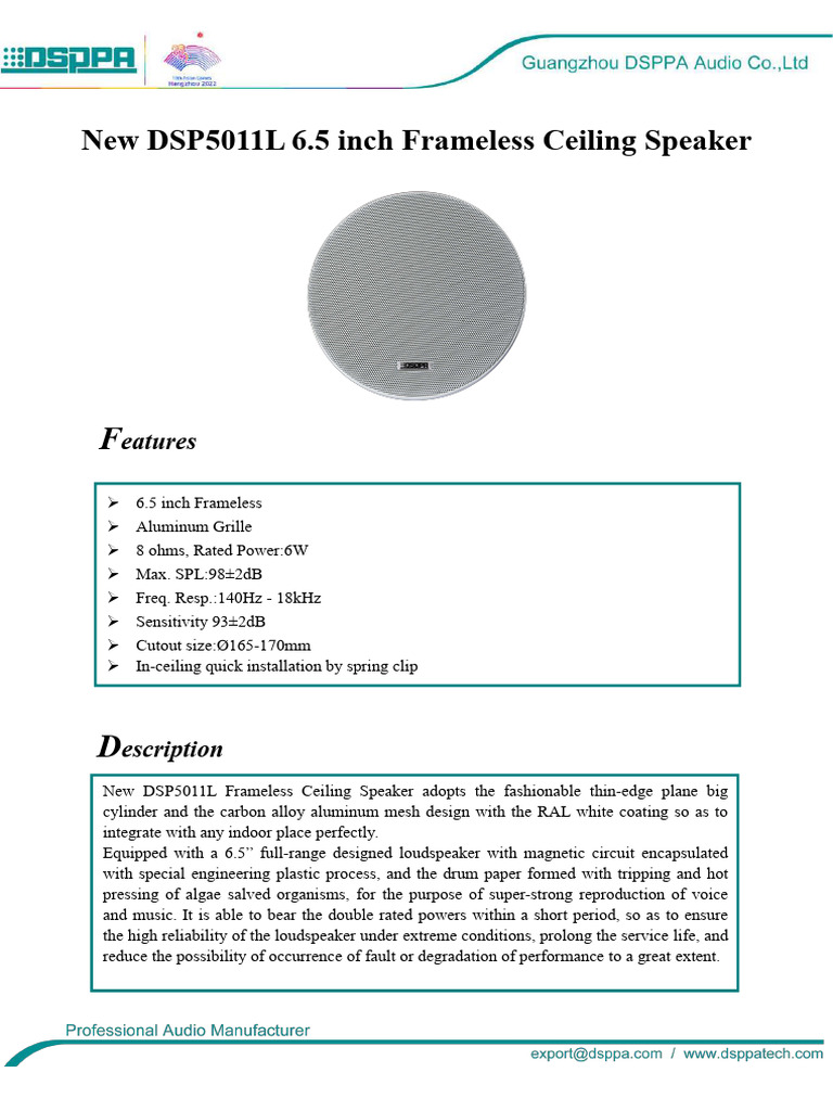 Data Sheet New Dsp5011l 6.5 Inch Frameless Ceiling Speaker | PDF | Loudspeaker | Electronics