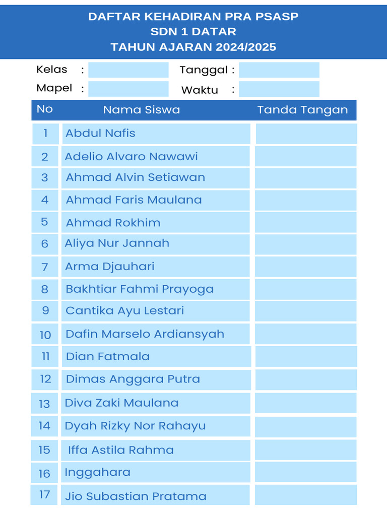 Biru Dan Putih Simple Attendance Sheet Class List Document | PDF