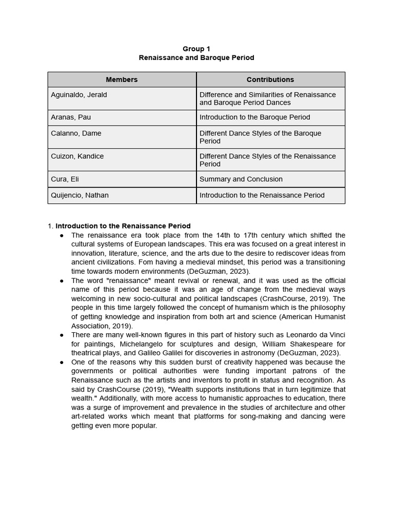 PE Renaissance - Baroque Research Group 1 | PDF | Dances | Performing Arts