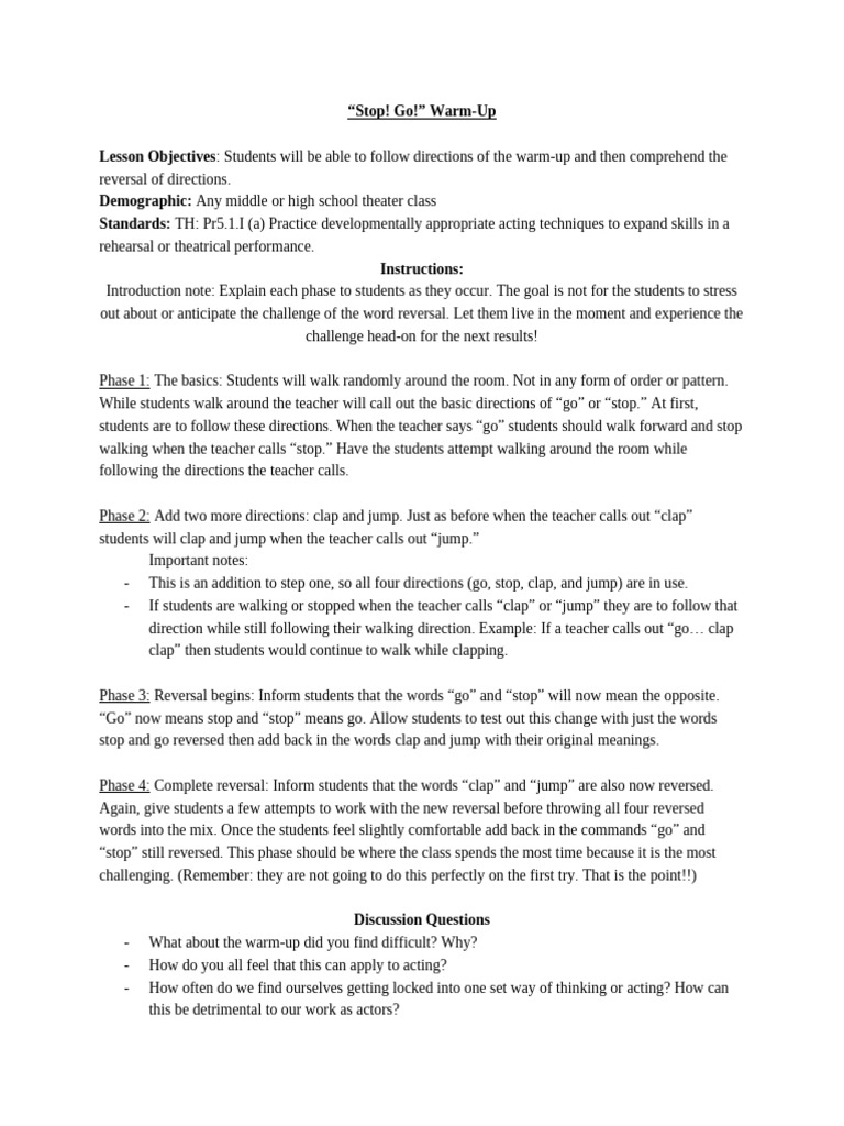 "Stop! Go!" Warm-Up Lesson Plan-2 | PDF | Learning | Cognition