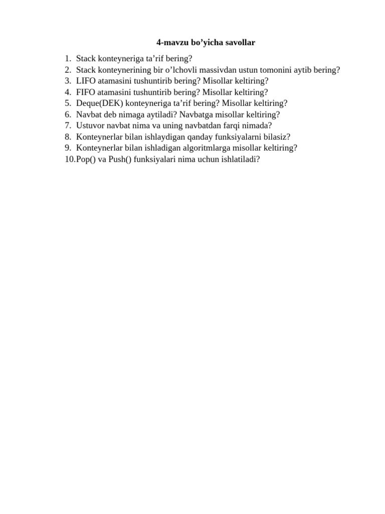 4-mavzuga savollar | PDF