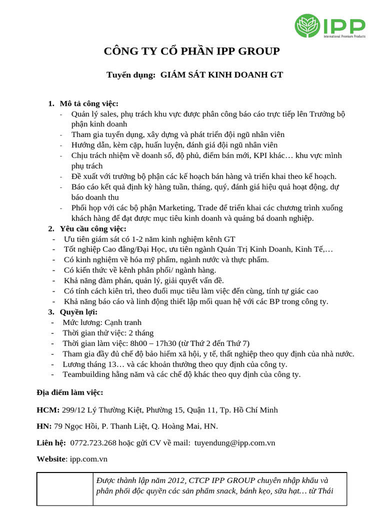 JD Giám Sát Kinh Doanh GT | PDF