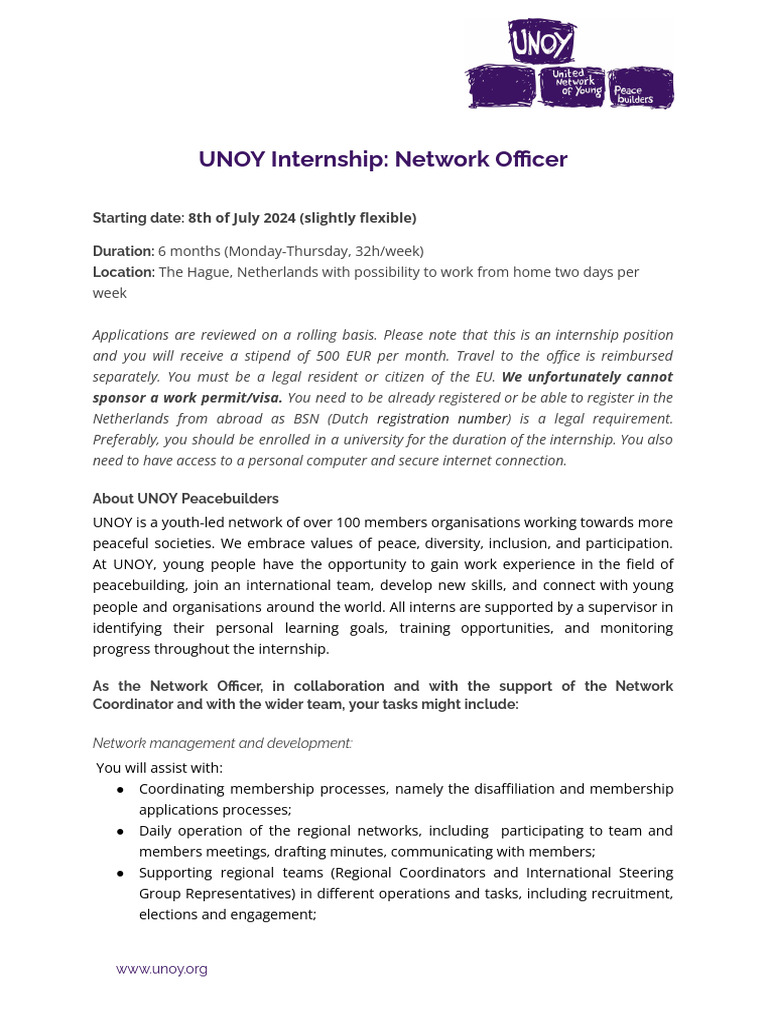 UNOY Internship: Network Officer Role | PDF