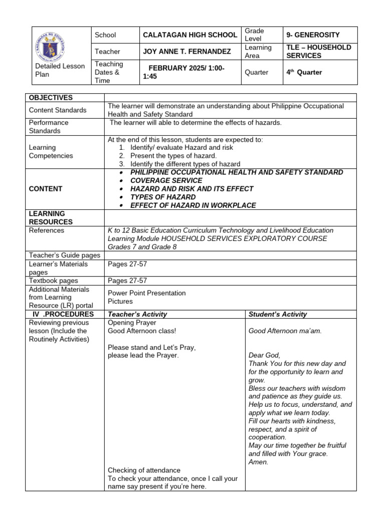 Detailed Lesson Plan OSH | PDF | Hazards | Occupational Safety And Health