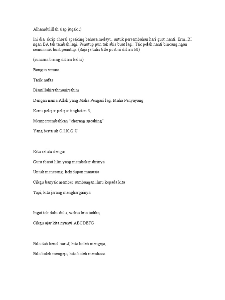 Contoh Skrip Choral Speaking Bm.. | PDF