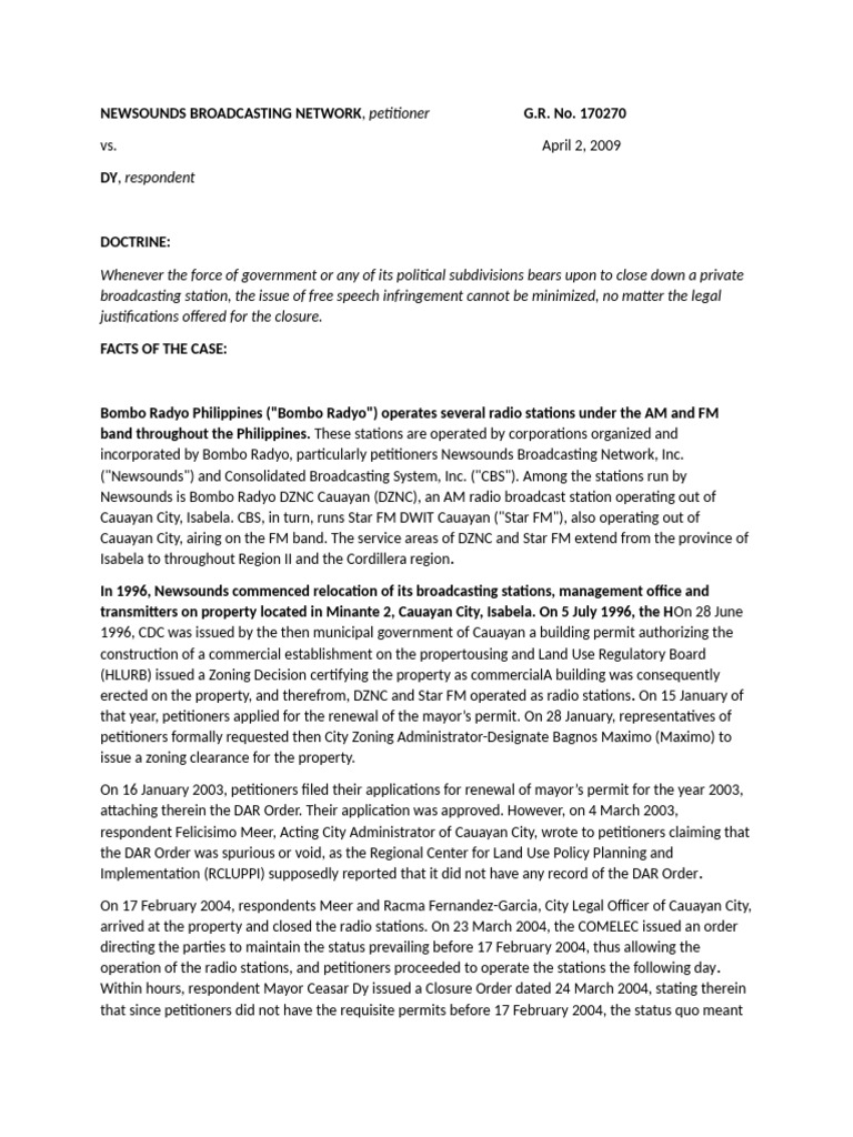 Newsounds Broadcasting Network case digest | PDF | Prior Restraint ...