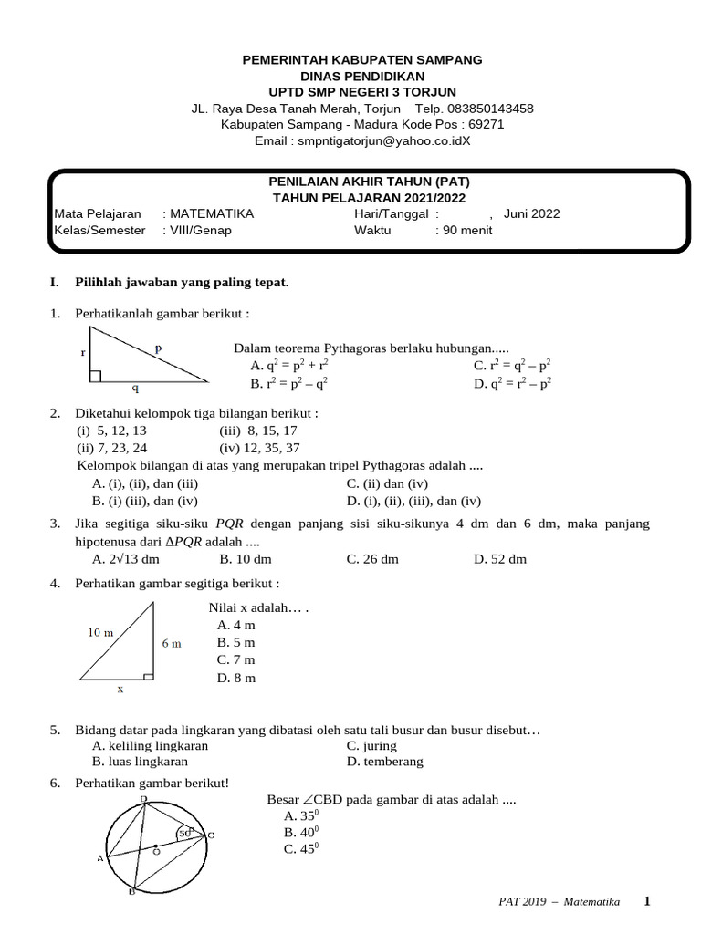 SOAL PAT MATEMATIKA KELAS 8 SEM 2 | PDF