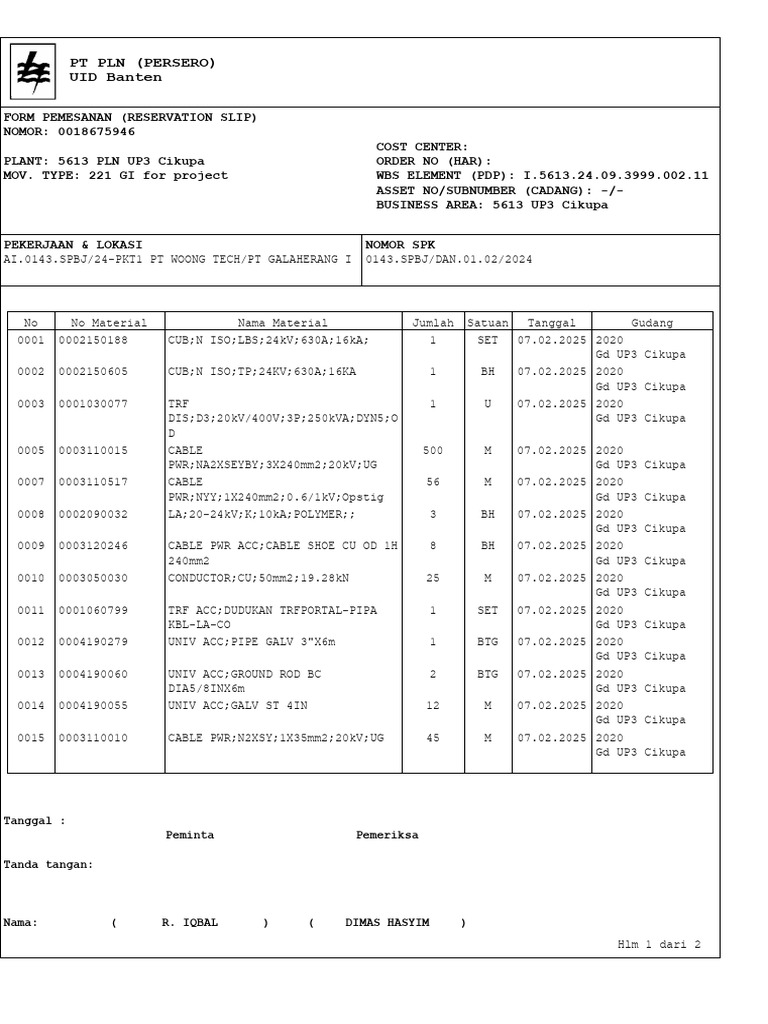 Pemesanan Material PLN Cikupa | PDF