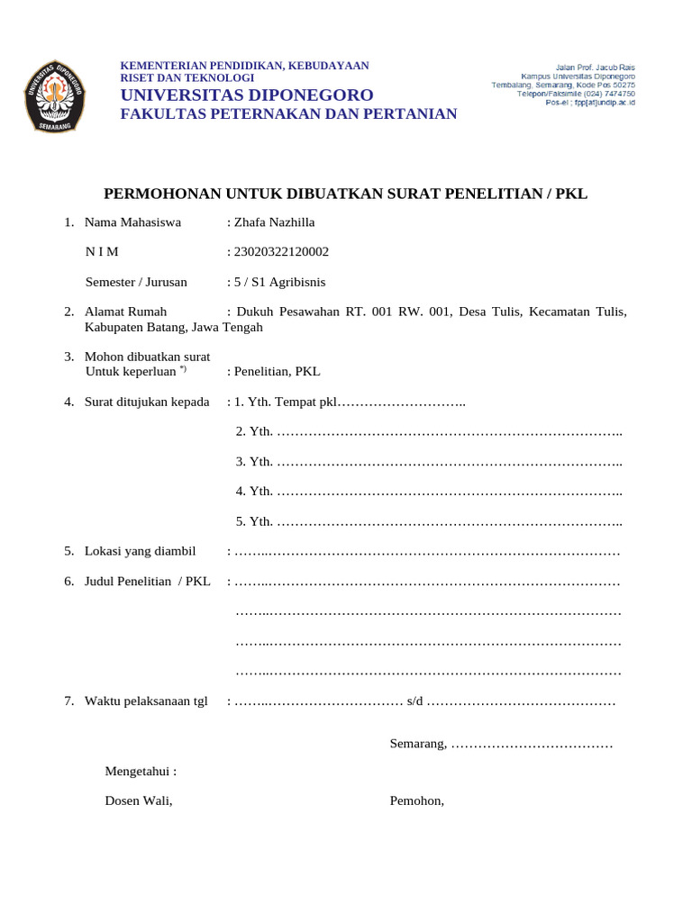 Form permohonan dibuatkan surat pkl | PDF