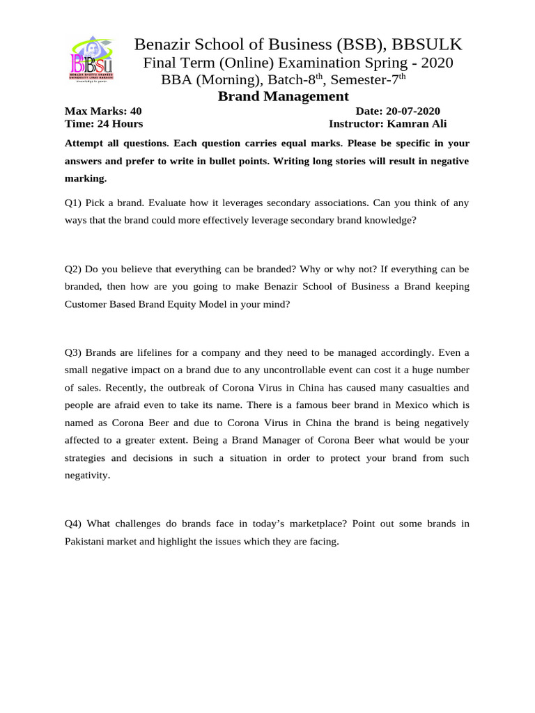 1 - BBA 7 Brand Management Exam Paper (BBA) | PDF