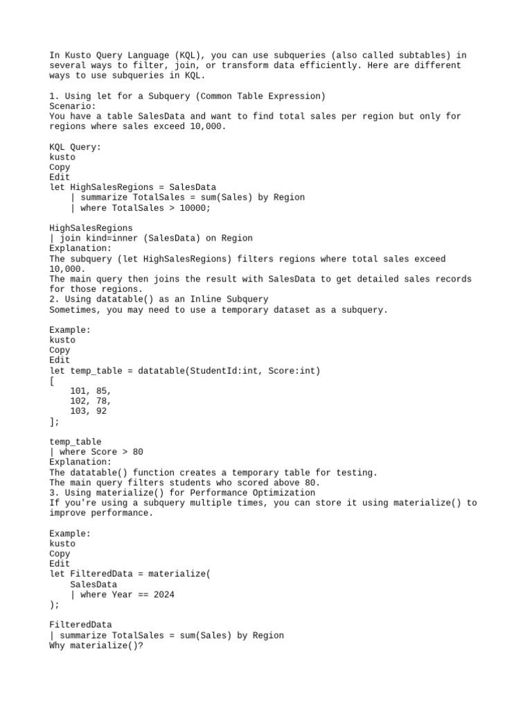 Sub Query in KQL | PDF
