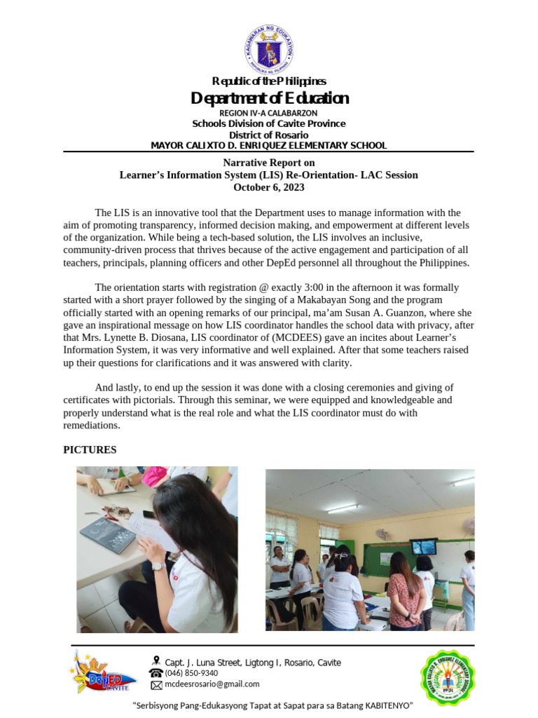 Narrative Report On LAC LIS | PDF