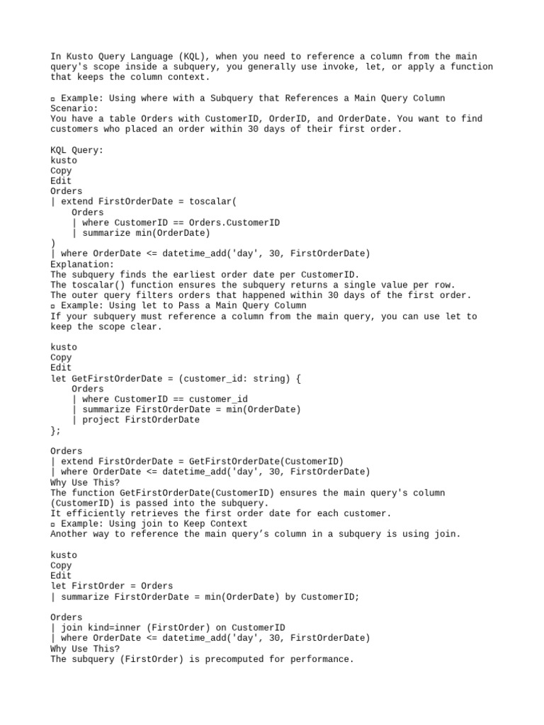 Sub Query in KQL With A Reference To A Main Query Column | PDF