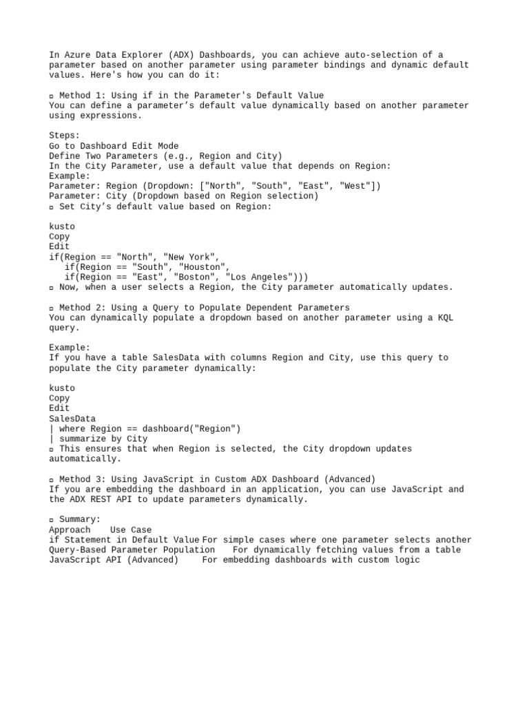 Dynamic Parameter Selection in ADX Dashboards | PDF