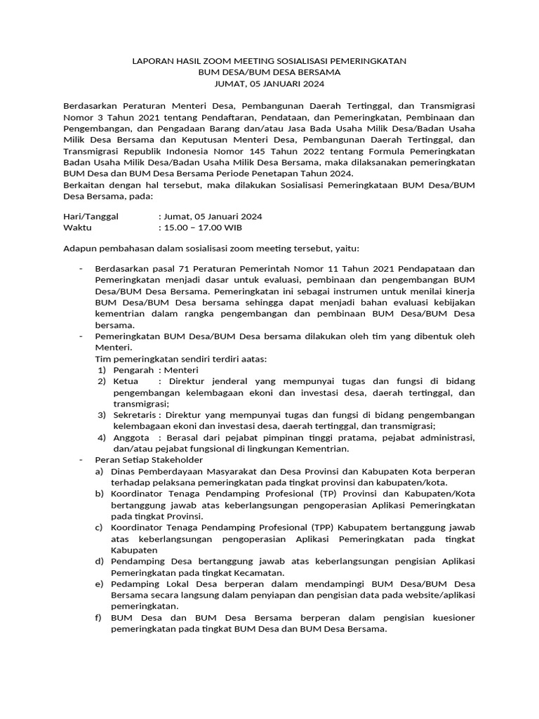 Laporan Hasil Zoom Meeting Sosialisasi Pemeringkatan | PDF