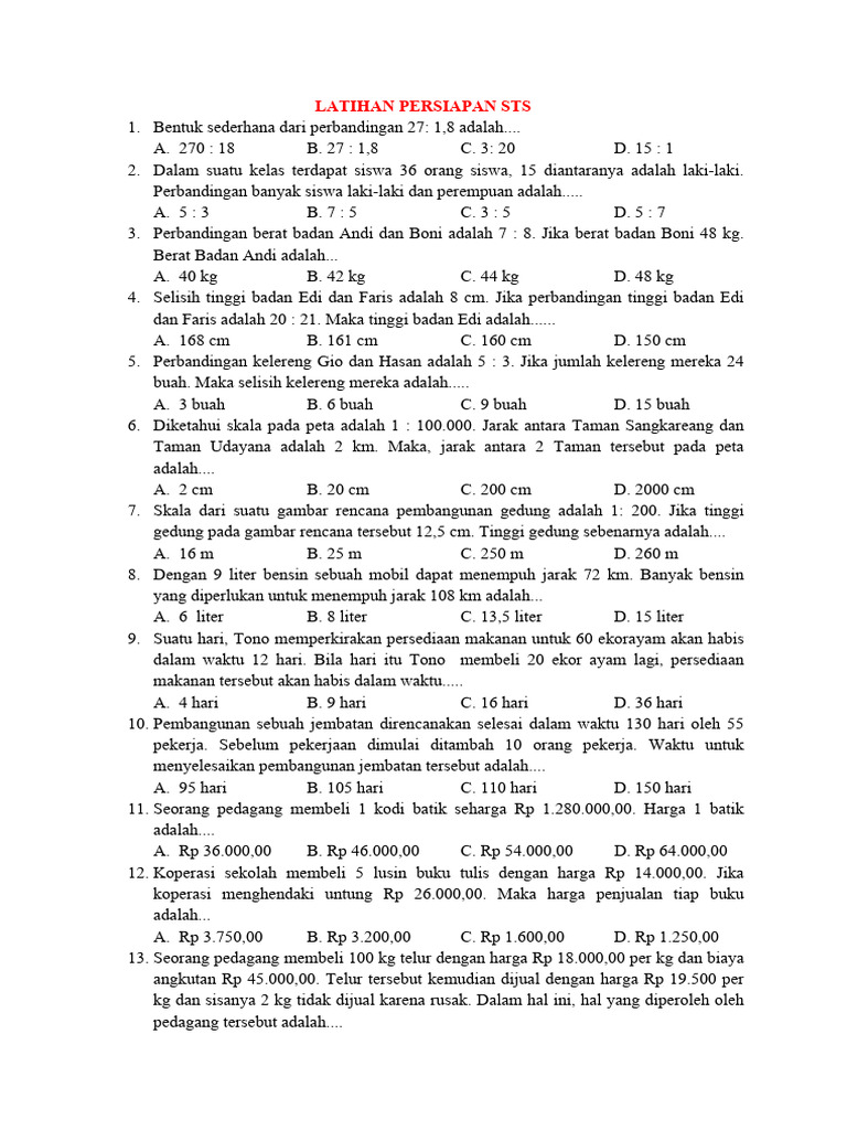 2 LATIHAN PERSIAPAN STS MATERI PERBANDINGAN DAN ARITMATIKA SOSIAL | PDF